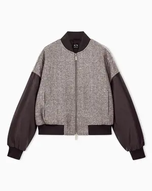 Armani Exchange Blouson Jacket Fit Recycled Herringbone Wool Coated Trim - Brown