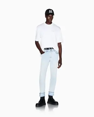 Armani Exchange Slim Fit Five-pocket Pants In Washed Cotton-blend Denim