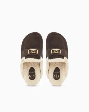 Armani Exchange Suede Clogs With Teddy Details - Brown