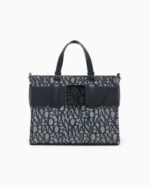 Armani Exchange Shopping Bag In Coated Cotton With Monogram - Black