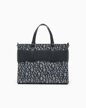 Armani Exchange Shopping Bag In Coated Cotton With Monogram - Black