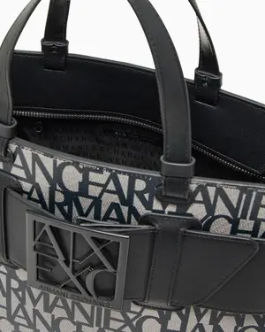 Armani Exchange Shopping Bag In Coated Cotton With Monogram - Black