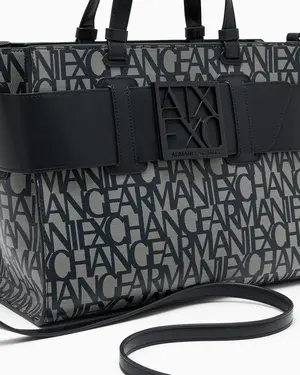 Armani Exchange Shopping Bag In Coated Cotton With Monogram - Black