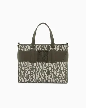 Armani Exchange Shopping Bag In Coated Cotton With Monogram - Green