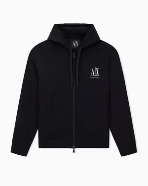 Armani Exchange Full-zip Hoodie In Bonded Stretch Cotton With Logo Icon - Black