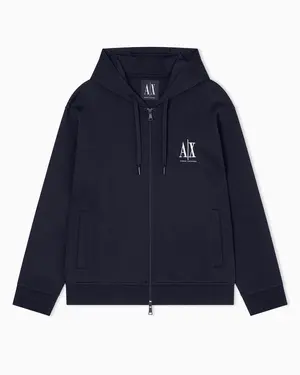 Armani Exchange Full-zip Hoodie In Bonded Stretch Cotton With Logo Icon - Navy Blue