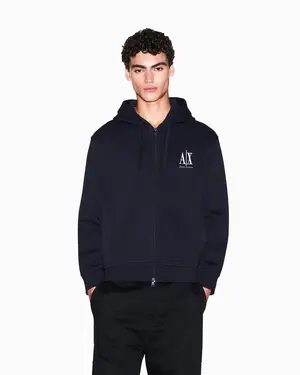 Armani Exchange Full-zip Hoodie In Bonded Stretch Cotton With Logo Icon - Navy Blue