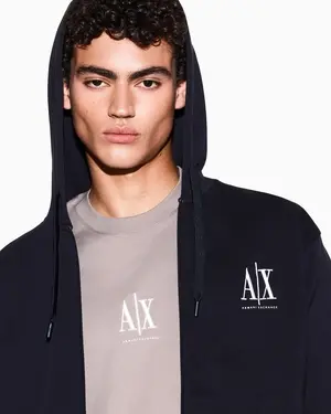 Armani Exchange Full-zip Hoodie In Bonded Stretch Cotton With Logo Icon - Navy Blue