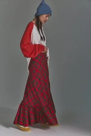 Free People Emberwood Plaid Flannel Maxi Skirt - Red Combo