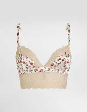 Dolce & Gabbana Small Rose-print Satin And Lace Bra Underwear - Multicolor