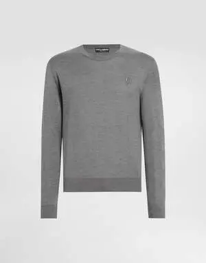 Dolce & Gabbana Silk Round-neck Sweater With Dg Embroidery Sweaters And Cardigans - Grey