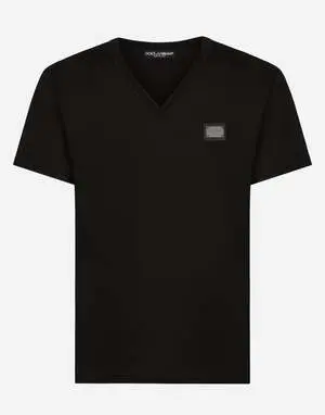 Dolce & Gabbana Cotton V-neck T-shirt With Branded Tag T-shirts And Polos Cotton - Black