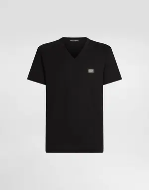 Dolce & Gabbana Cotton V-neck T-shirt With Branded Tag T-shirts And Polos Cotton - Blue