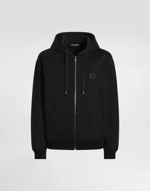 Dolce & Gabbana Cotton Hooded Sweatshirt With Logo Plate Sweatshirts - Black