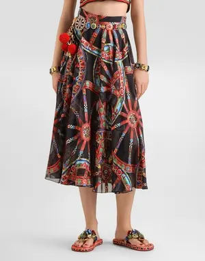 Dolce & Gabbana Long Circle Skirt In Carretto-print Devoré Twill