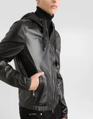 Dolce & Gabbana Leather Hooded Jacket With Logo Tag