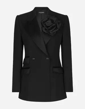 Dolce & Gabbana Double-breasted Woolen Jacket With Flower Appliqué Blazers Wool - Black