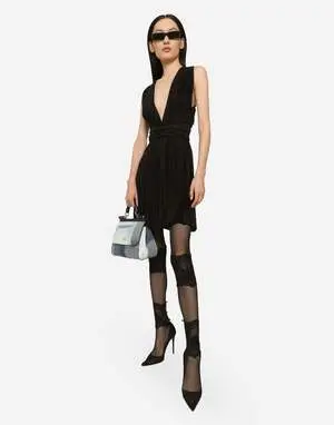Dolce & Gabbana Pleated Lurex Mesh V-neck Mini Dress