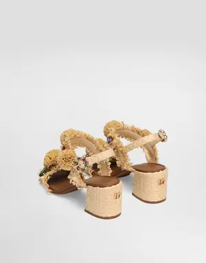 Dolce & Gabbana Embroidered Raffia Sandals With Embellished Buckle And Fringe Detailing