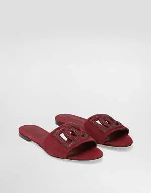 Dolce & Gabbana Embellished Suede Slides With Dg Logo - Grey
