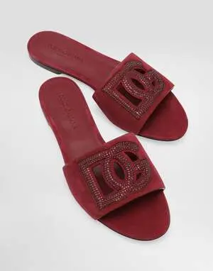 Dolce & Gabbana Embellished Suede Slides With Dg Logo - Grey