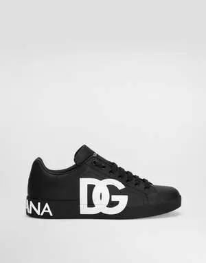 Dolce & Gabbana Calfskin Nappa Portofino Sneakers With Dg Logo Print Sneakers Leather - Black