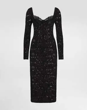 Dolce & Gabbana Calf-length Floral Lace Dress With Bra-style Cups Dresses Lace - Black