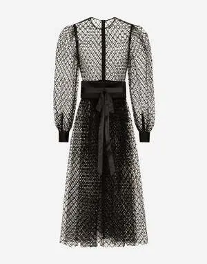 Dolce & Gabbana Calf-length Mesh Dress With Wool Crepe Belt Dresses - Black