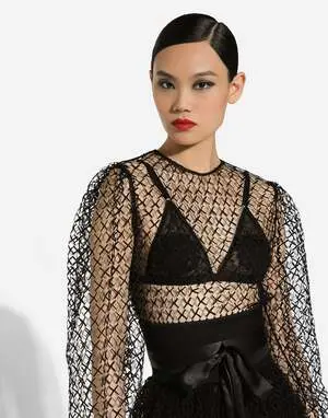 Dolce & Gabbana Calf-length Mesh Dress With Wool Crepe Belt