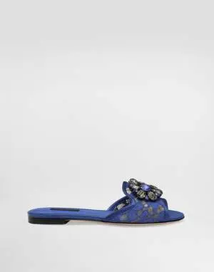 Dolce & Gabbana Slippers In Lace With Crystals Slides And Mules - Blue