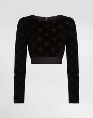 Dolce & Gabbana Cotton Chenille Crop Top With Jacquard Dg Logo T-shirts And Sweatshirts Cotton - Black