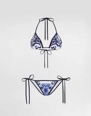 Dolce & Gabbana Dg Exclusive Majolica- Triangle Bikini Swimwear Blue Fabric - Print