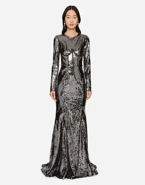 Dolce & Gabbana Long Sequined Dress With Corset Detailing