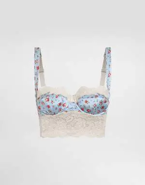Dolce & Gabbana Small Rose-print Satin And Lace Balconette Underwear - Multicolor