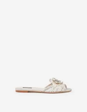 Dolce & Gabbana Slippers In Lace With Crystals Slides And Mules Gray Lace - Ice