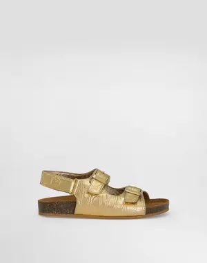 Dolce & Gabbana Crocodile-print Calfskin Sandals With Dg Logo Shoes - Gold