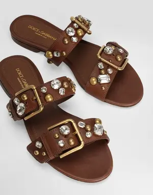 Dolce & Gabbana Cowhide Embellished Flat Slippers Slides And Mules