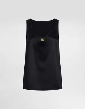 Dolce & Gabbana Satin Tank Top With Dg Logo Pin Shirts And Tops Silk - Black