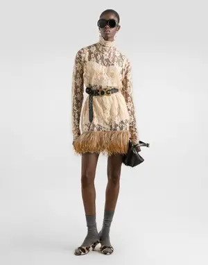 Dolce & Gabbana Floral Chantilly Lace Dress With Feather Trim - Beige