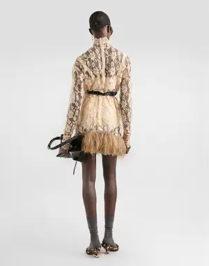Dolce & Gabbana Floral Chantilly Lace Dress With Feather Trim - Beige