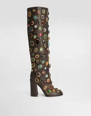 Dolce & Gabbana Calfskin Boots With Stone Embroidery Multicolor
