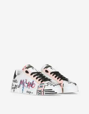 Dolce & Gabbana Portofino Cuore Leather Sneakers With Graffiti Detail