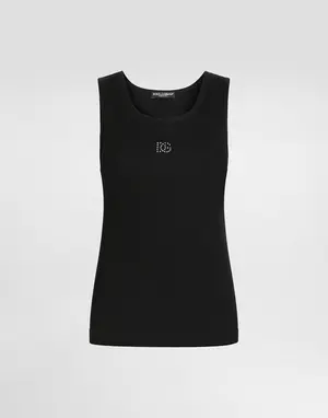 Dolce & Gabbana Ribbed Tank Top With Dg Embroidery And Rhinestones T-shirts And Sweatshirts - Black