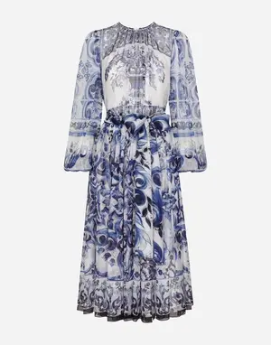 Dolce & Gabbana Majolica Print Chiffon Midi Dress Dresses Blue Silk - Multicolor