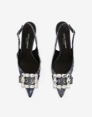 Dolce & Gabbana Patchwork Denim Slingbacks With Rhinestone Buckle Pumps And Slingback Denim