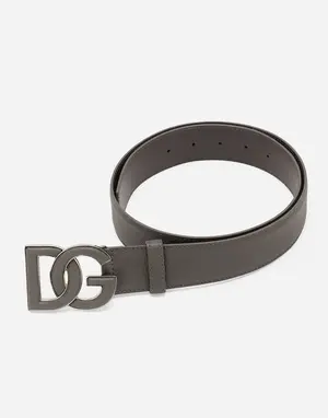 Dolce & Gabbana Deerskin-print Calfskin Belt With Logo Print Belts - Grey