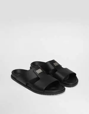 Dolce & Gabbana Calfskin Leather Slides With Metal Detail - Black