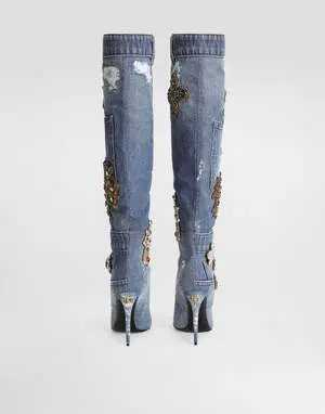 Dolce & Gabbana Embellished Denim Patchwork Boots