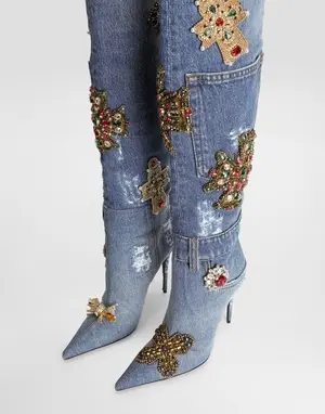 Dolce & Gabbana Embellished Denim Patchwork Boots