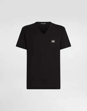 Dolce & Gabbana Cotton V-neck T-shirt With Branded Tag T-shirts And Polos Cotton - Blue